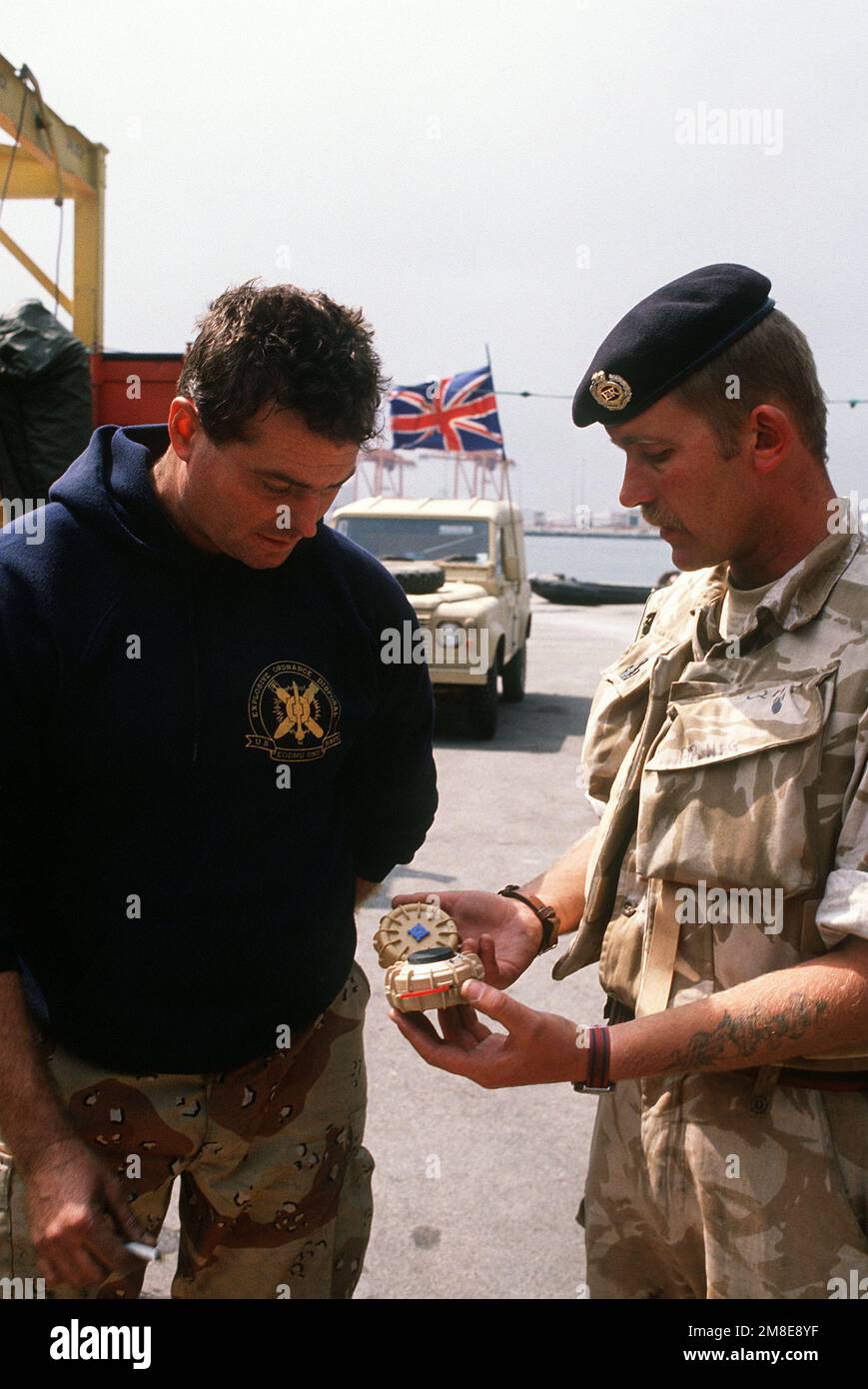 A member of Explosive Ordnance Disposal (EOD) Mobile Unit One confers ...