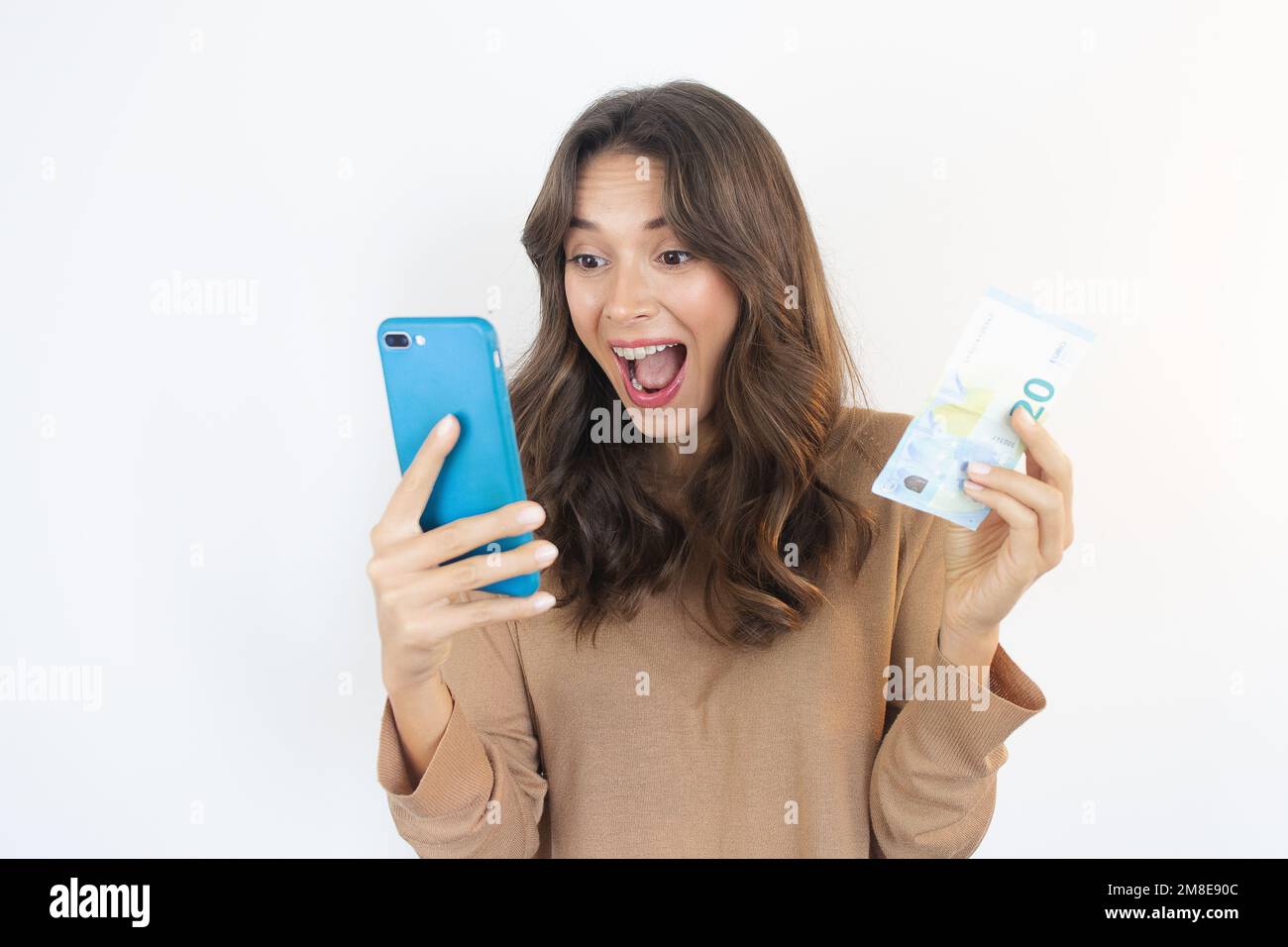 Earn Money Online Woman Holding Smartphone and Cash Stock Photo - Alamy