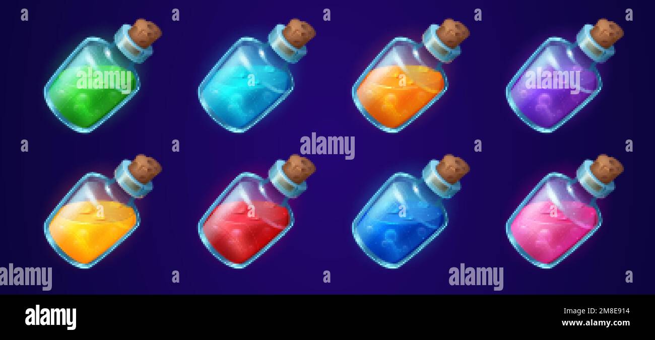 Cartoon set of glass bottles with colorful magic potions isolated on ...