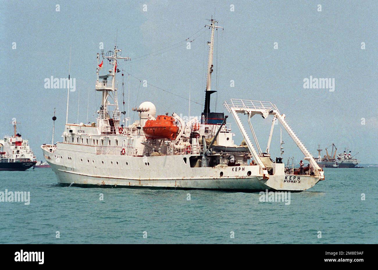 A starboard quarter view of the Soviet Valerian Uryvayev class civilian ...