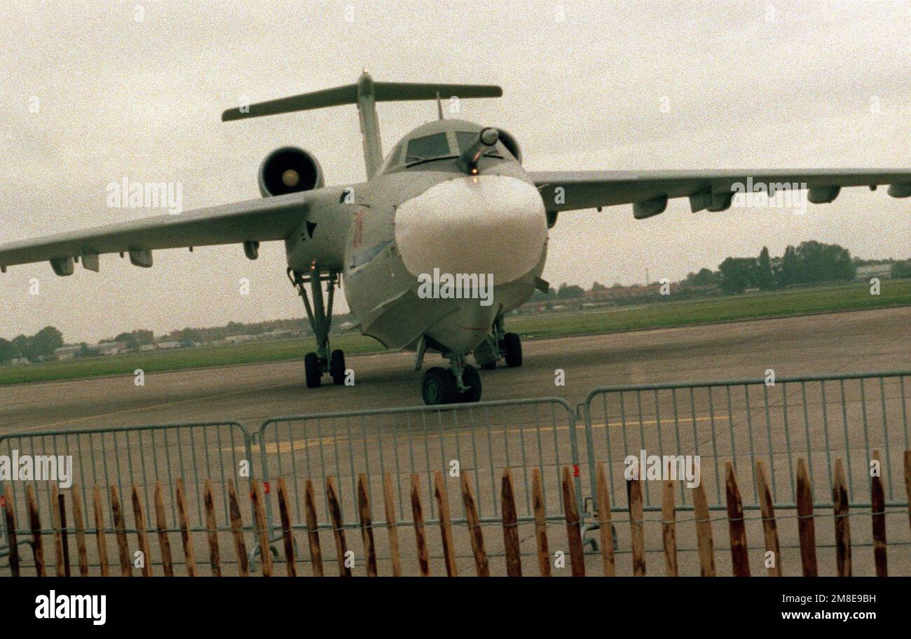A front view of a Soviet A-40 Albatross amphibian aircraft on display ...