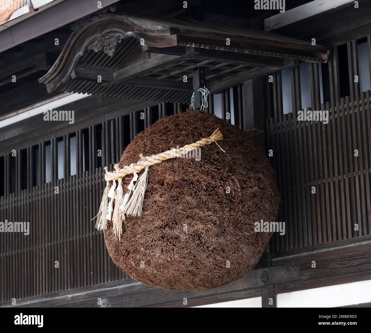A ball of pine branches with a Shinto shimenawa in Narai-juku, a ...