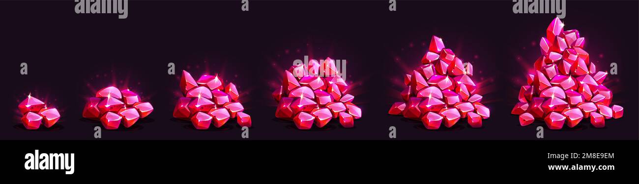 Gem crystals growing pile game assets. Red glow gemstones, mine ...