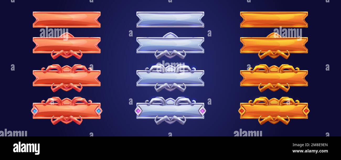 Game buttons with fantasy frames. Blank old rectangle bronze, silver ...