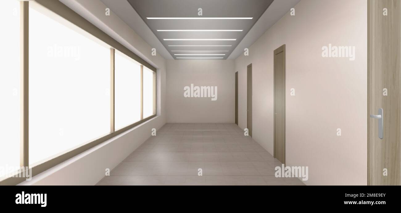 Hospital corridor interior with closed doors, windows and ceiling lamps ...