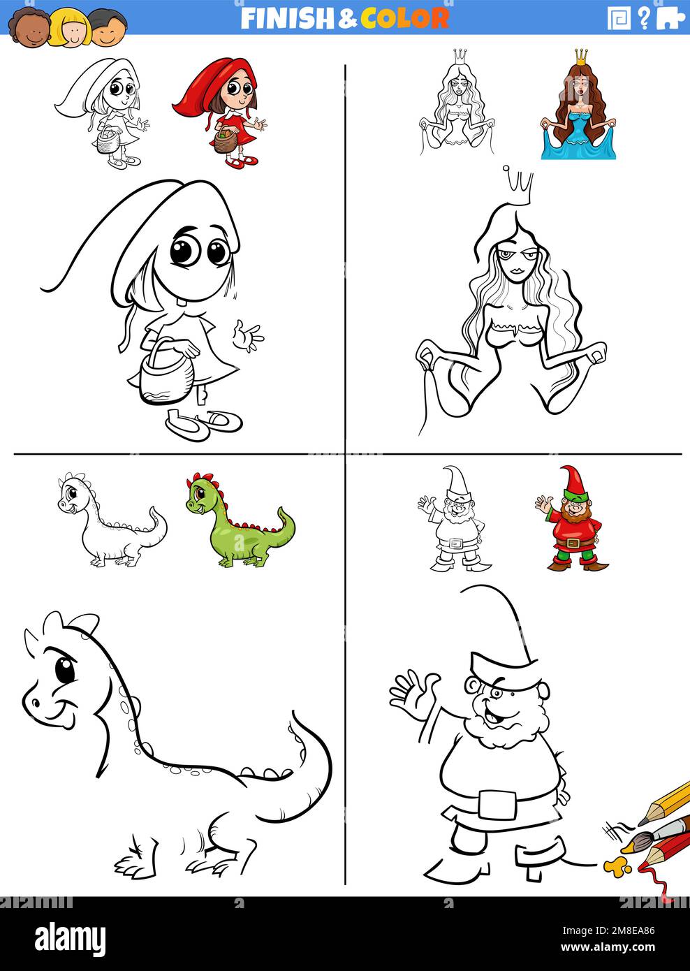 Cartoon illustration of drawing and coloring educational worksheet with ...