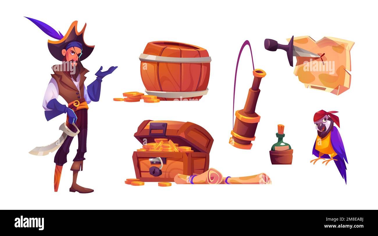 Pirate in hat, treasure box with gold coins, rum bottle, old map and ...