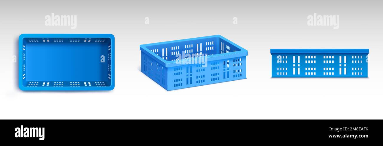 Set of blue plastic crates isolated on white background. Realistic ...