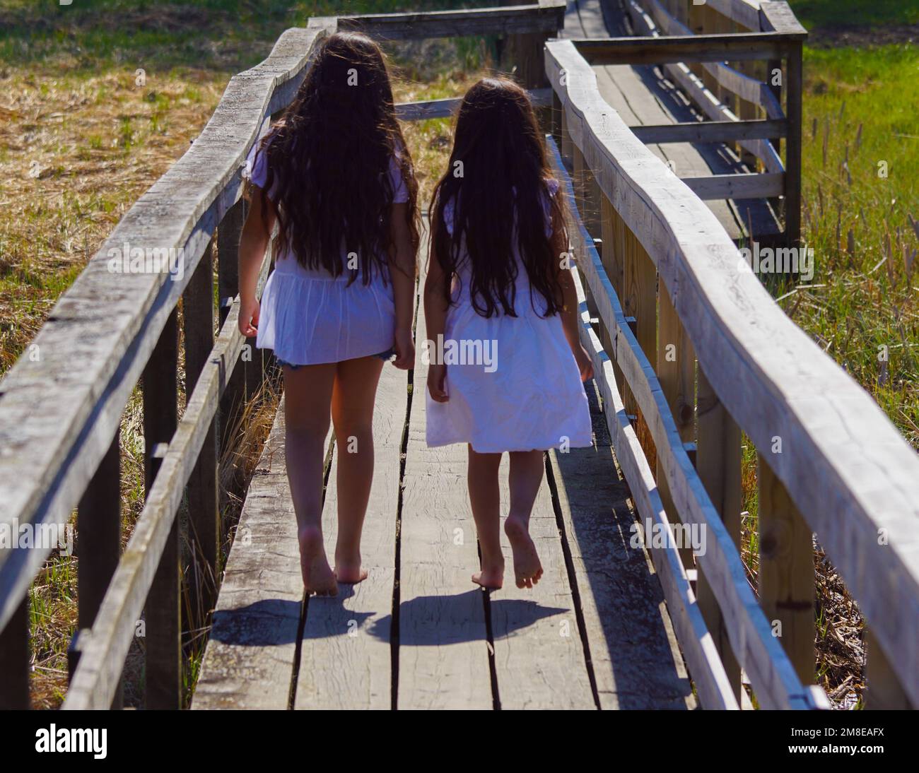 Rear view of children walking on footbridge Stock Photo - Alamy
