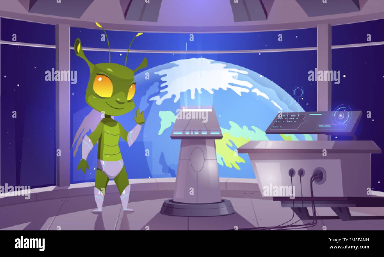 Cartoon alien on board of spacecraft approaching Earth. Vector illustration of funny green ...