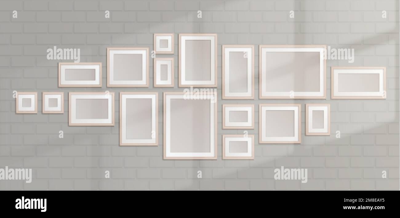 White frames collage and sunlight on brick wall. Realistic vector ...