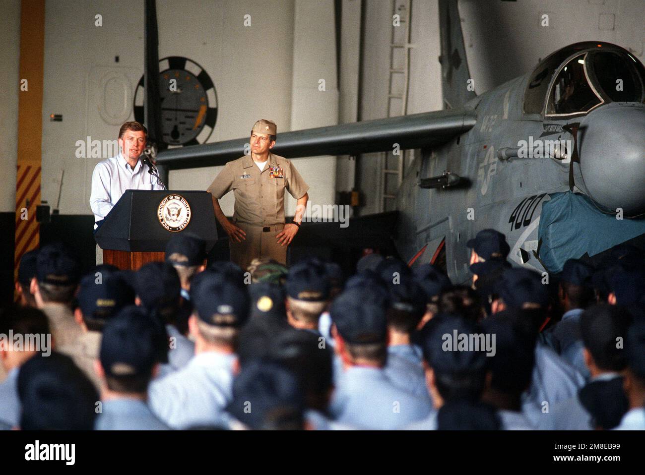 Vice President J. Danforth Quayle speaks to crew members of the ...
