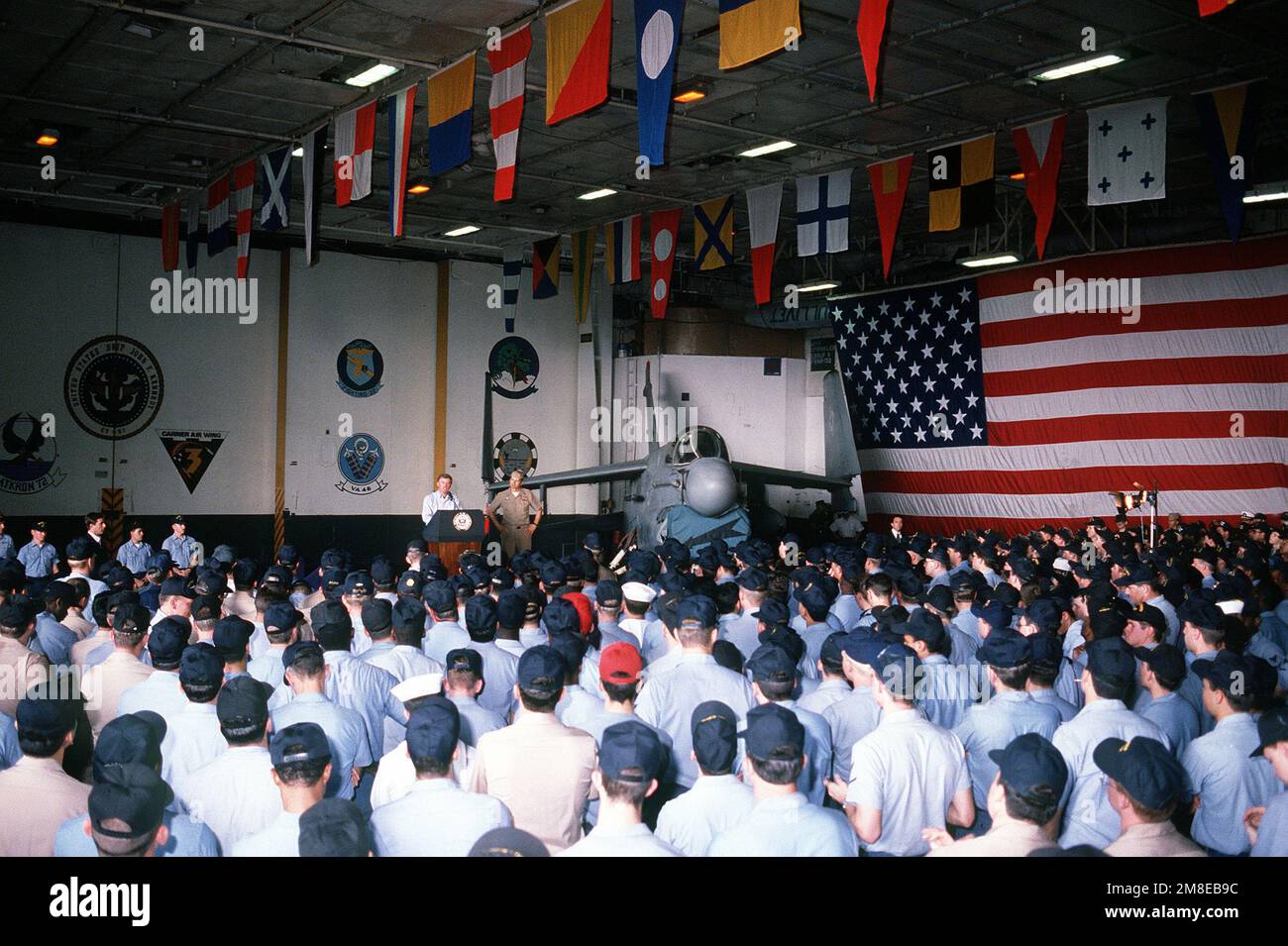 Vice President J. Danforth Quayle speaks to crew members of the ...