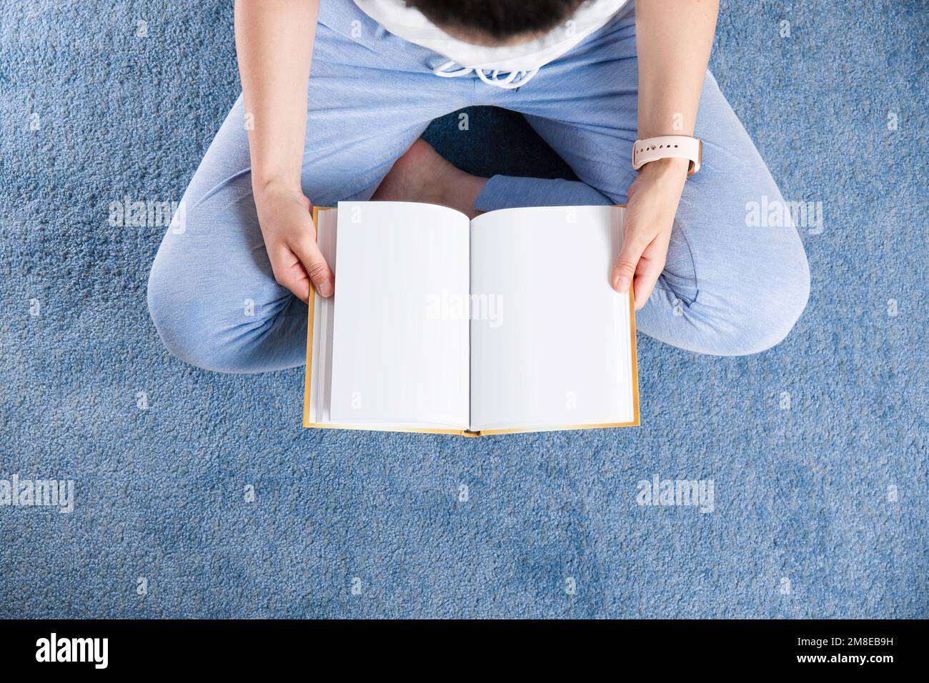Girl reading book at cozy home. Mockup, template of blank book pages ...