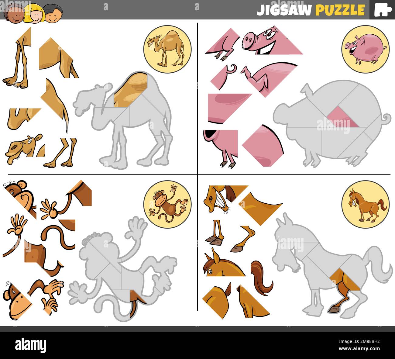 Cartoon illustration of educational jigsaw puzzle tasks set with comic ...