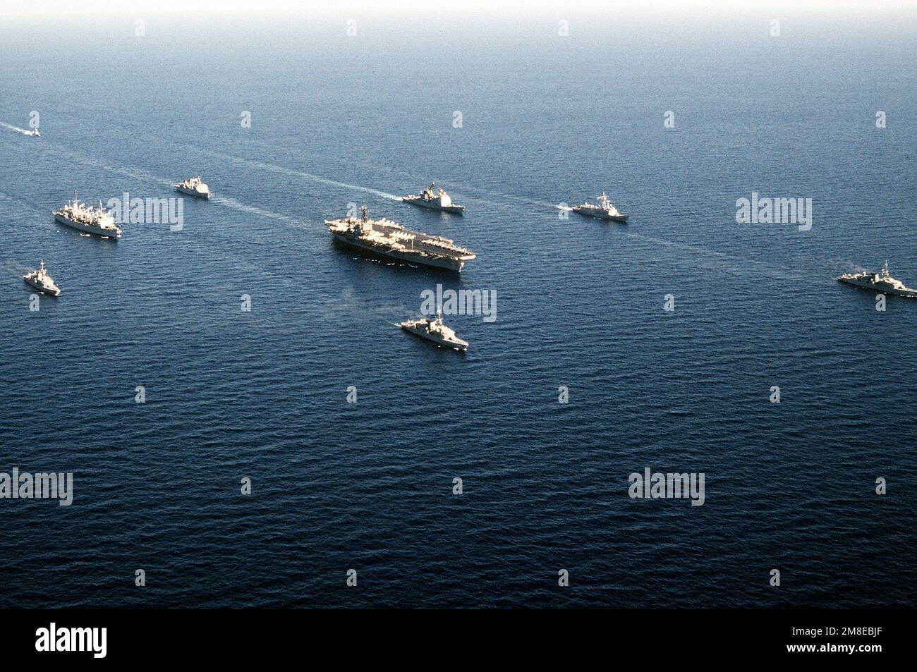 An aerial starboard bow view of nine ships of Battle Force Red Sea ...