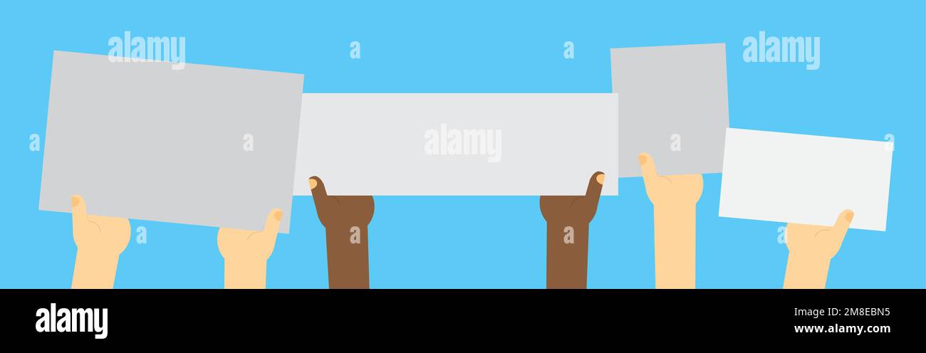 A panoramic vector illustration of people protesting and holding blank ...
