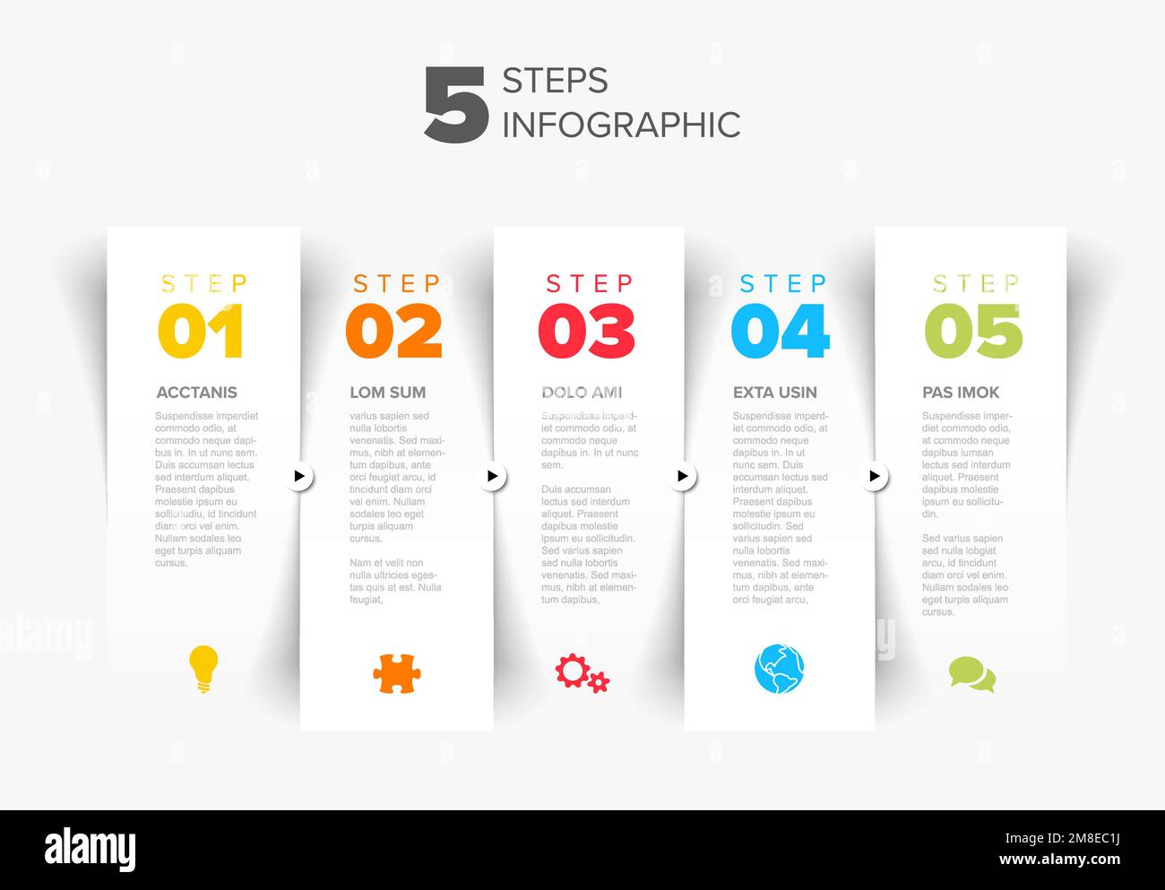 Five light vector progress block steps template with descriptions, big ...