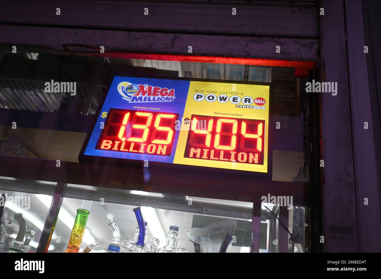 New York, USA. 13th Jan, 2023. A Mega Million sign displays the ...