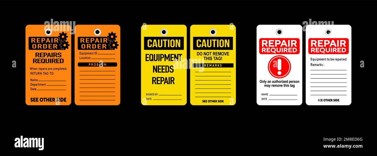 Equipment repair tag vector illustrations. front and back templates of ...