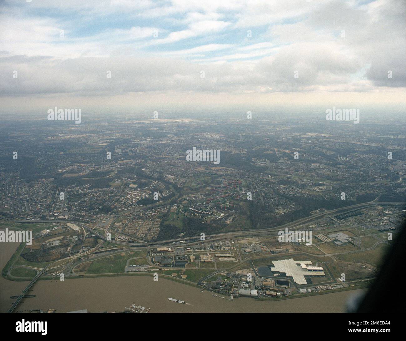 An aerial view of the Anacostia River, Anacostia Naval Station and ...