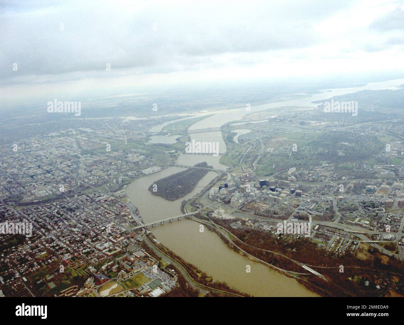 An aerial view of the Potomac River with the Francis Scott Key Memorial ...
