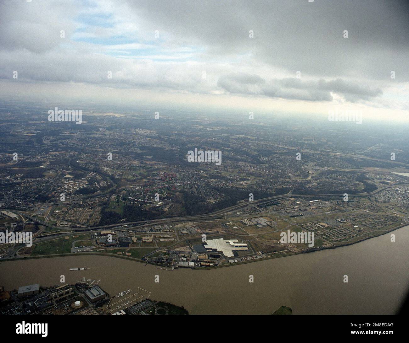 An aerial view of the Anacostia River, Anacostia Naval Station and ...