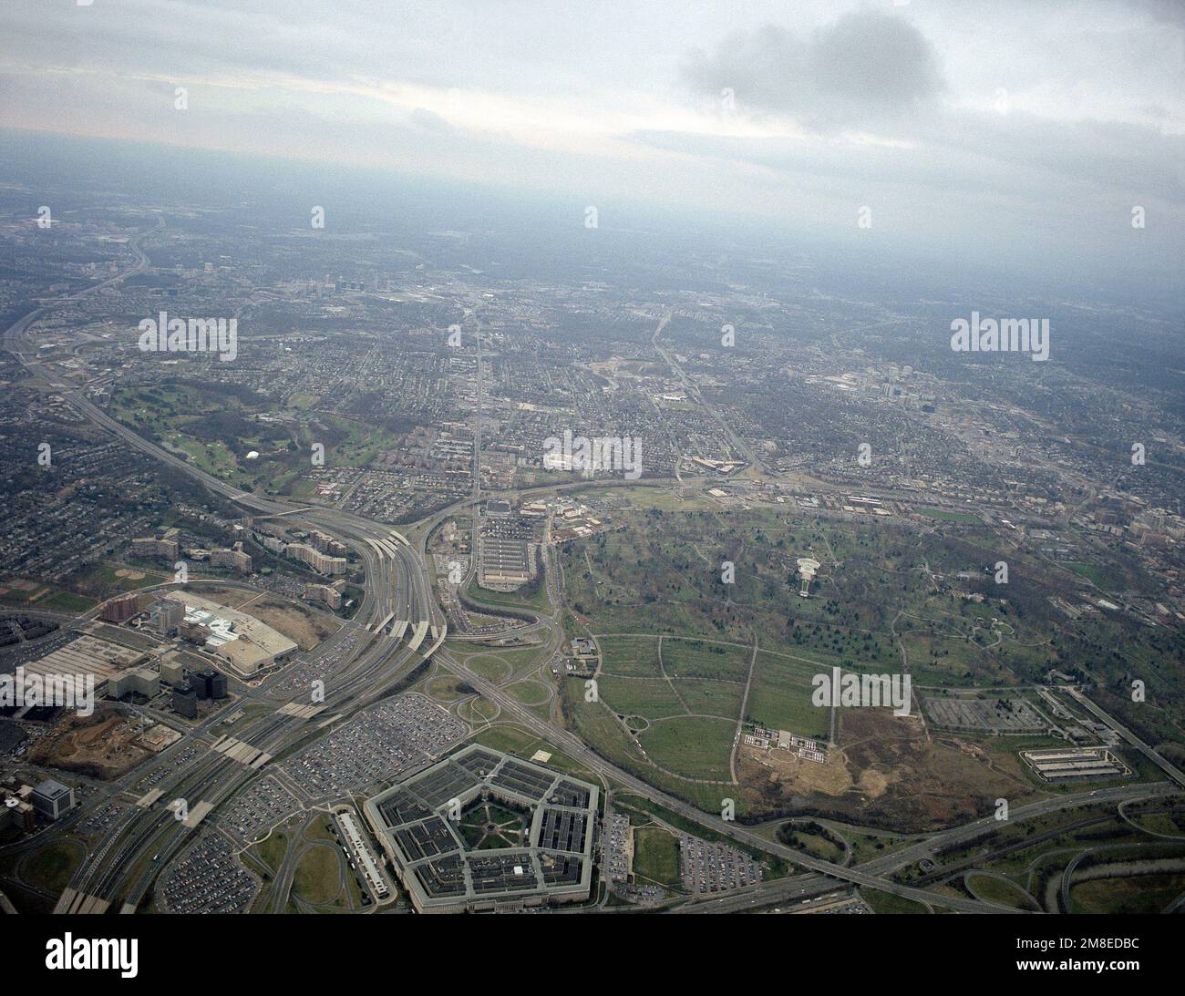 An aerial view of the Pentagon, foreground, Route 395 and Arlington ...