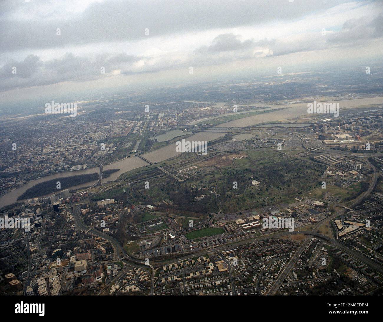 An aerial view of the the Potomac River and Theodore Roosevelt Island ...