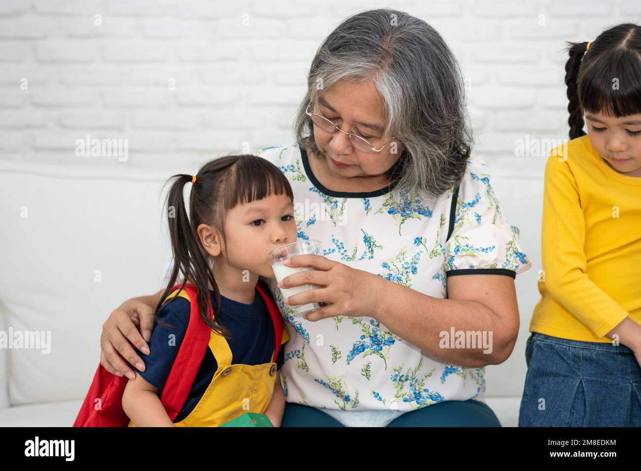 Happy elderly Asian Grandma sits beside her granddaughter and feeds ...