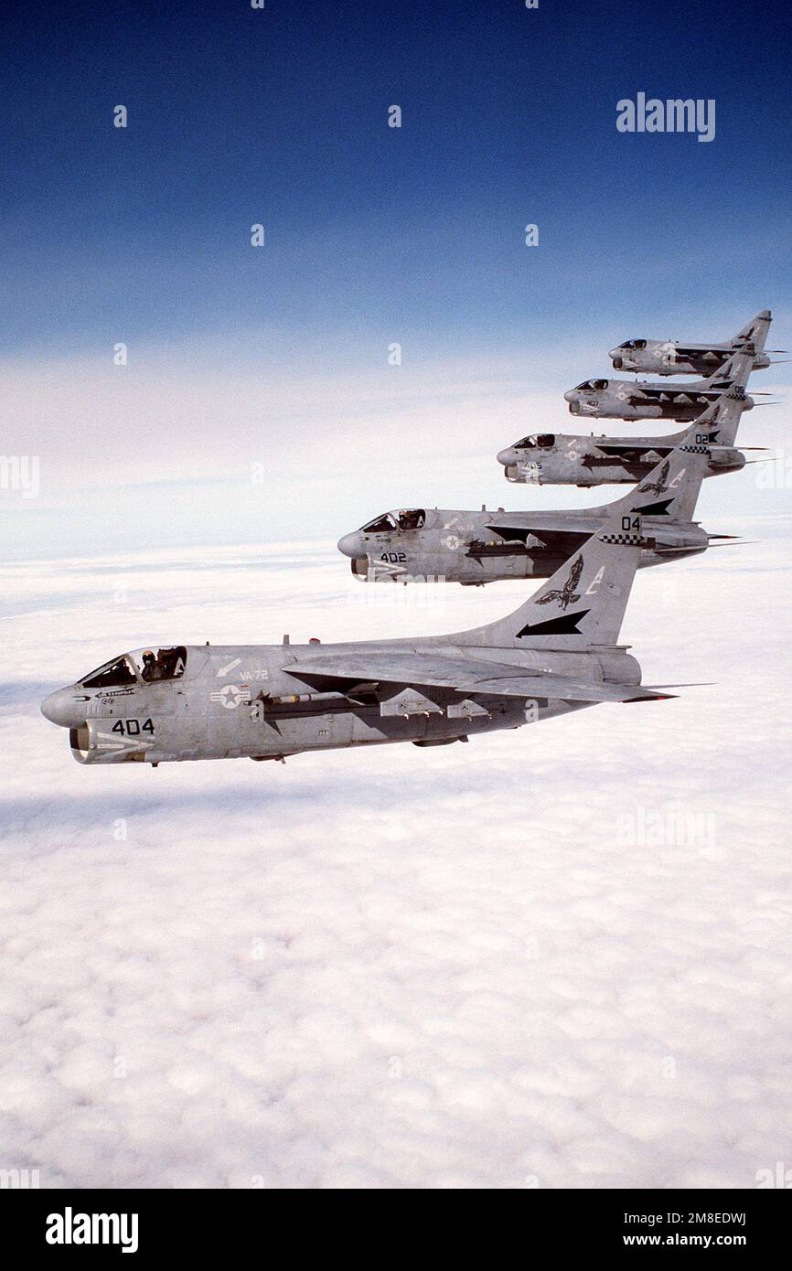 Five A-7E Corsair aircraft from Attack Squadron 72 (VA-72) fly in ...