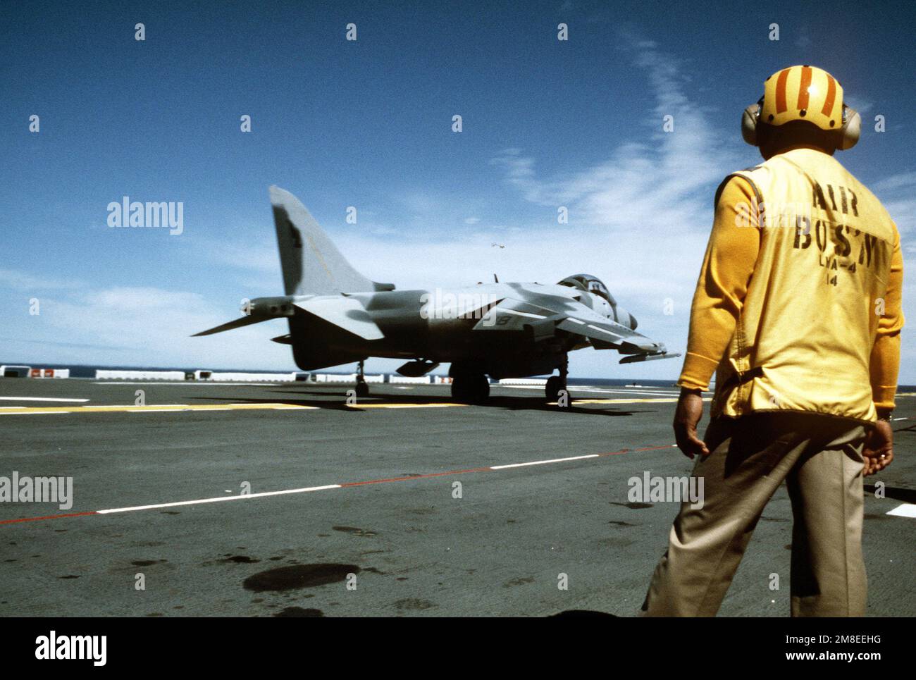 A Marine Corps AV-88 Harrier aircraft prepares for takeoff on the ...