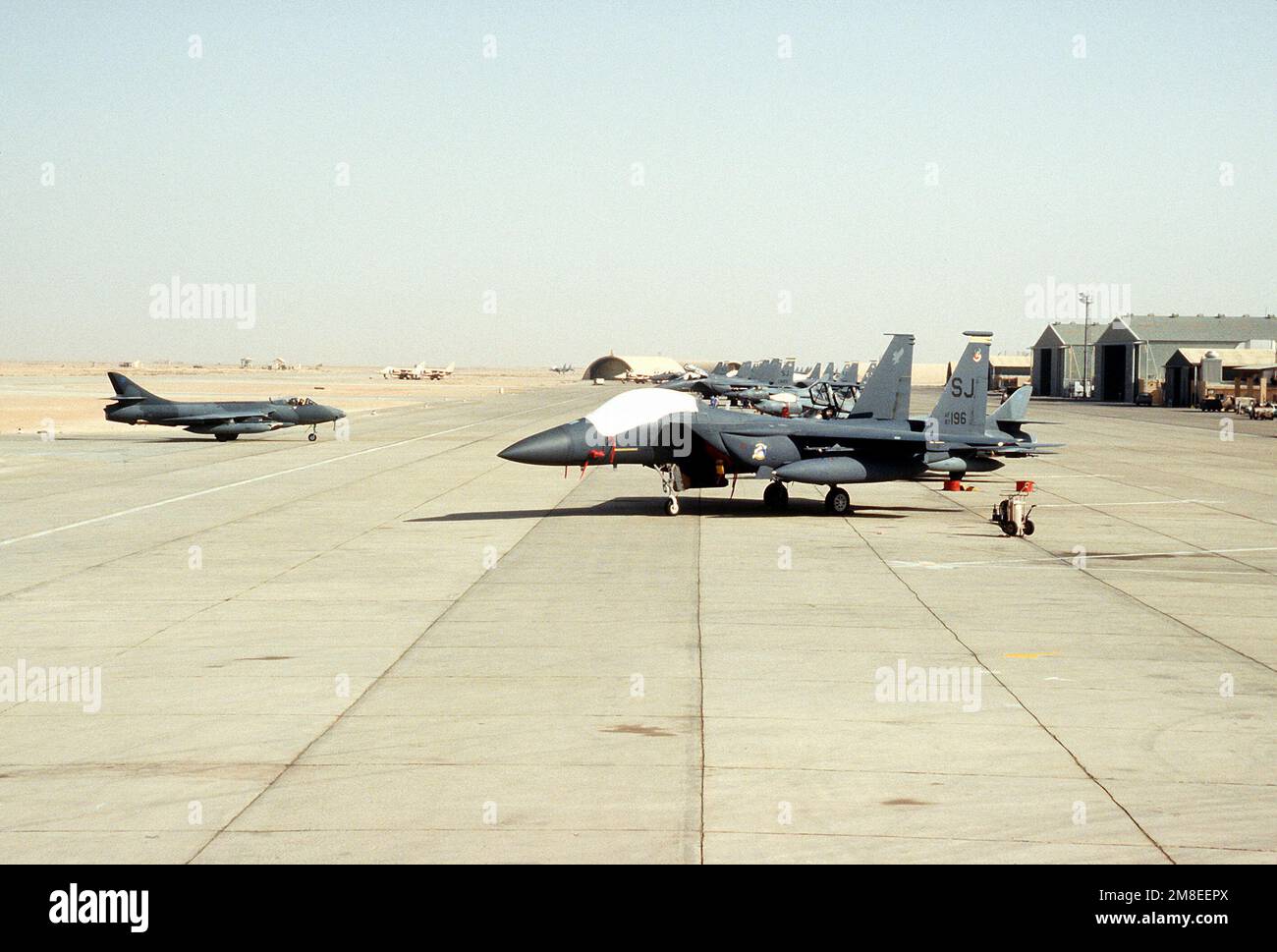 F-15E Eagle aircraft of the 336th Tactical Fighter Squadron are parked ...