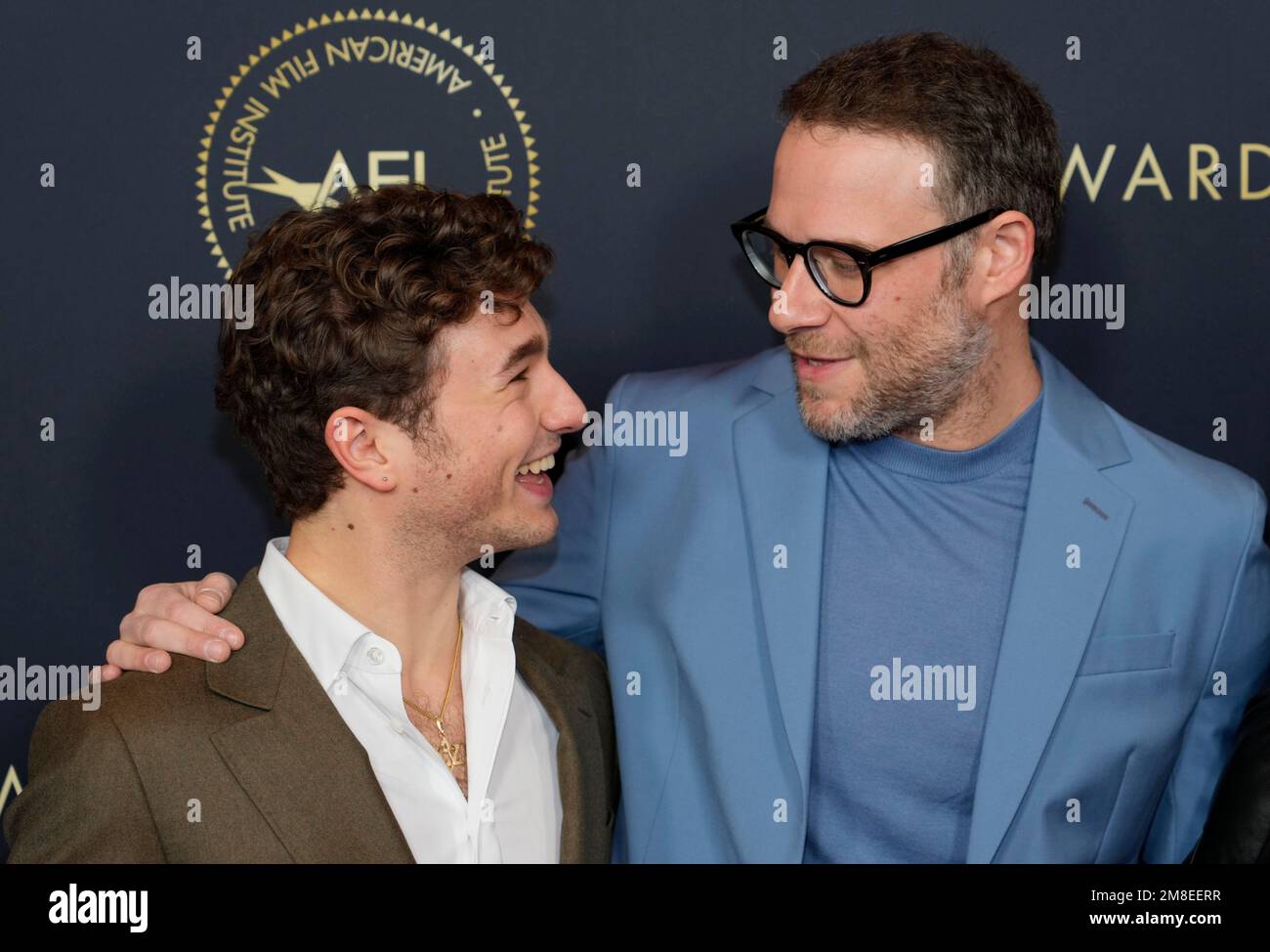 Gabriel LaBelle, left, and Seth Rogen, cast members in the film "The ...