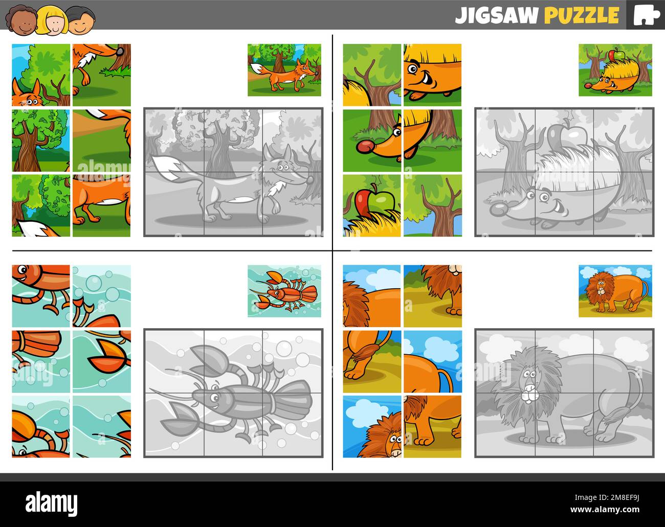 Cartoon illustration of educational jigsaw puzzle games set with funny ...