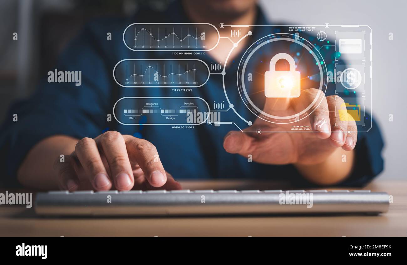 Businessman touch a virtual screen to unlock and access information and ...