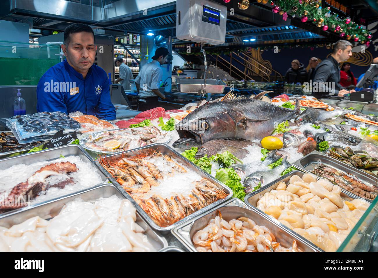 Moscow. Kitchen and shop of seafood and fish of 'A treasure of the seas ...