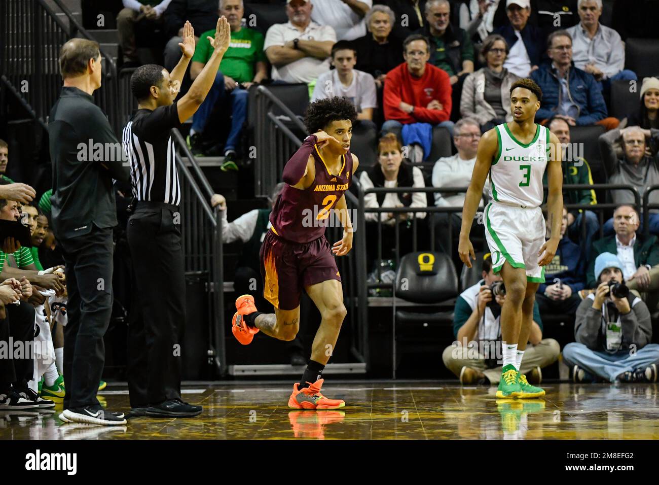 Arizona State guard Austin Nunez (2) reacts after hitting a three-point ...