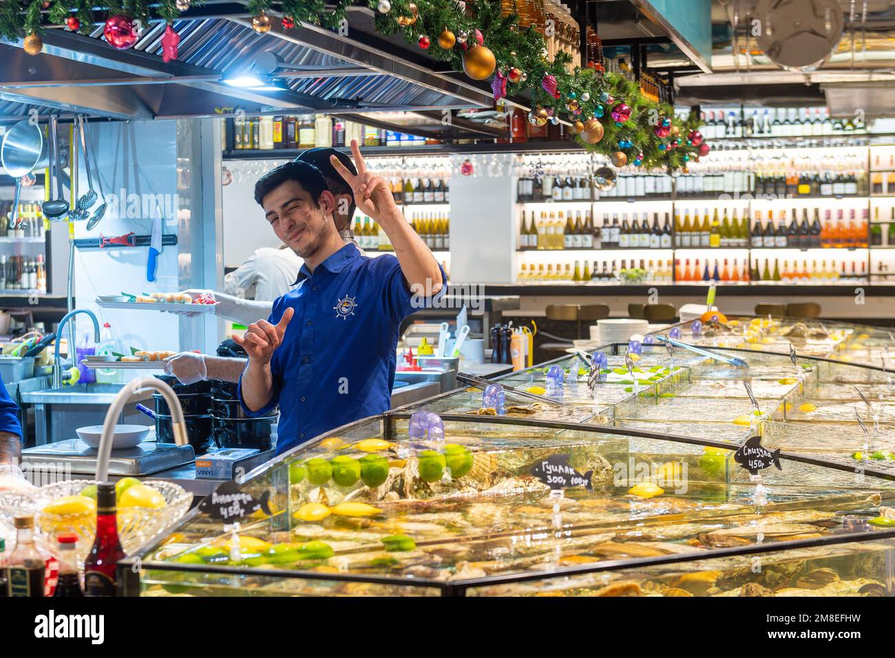 Moscow. Kitchen and shop of seafood and fish of 'A treasure of the seas ...