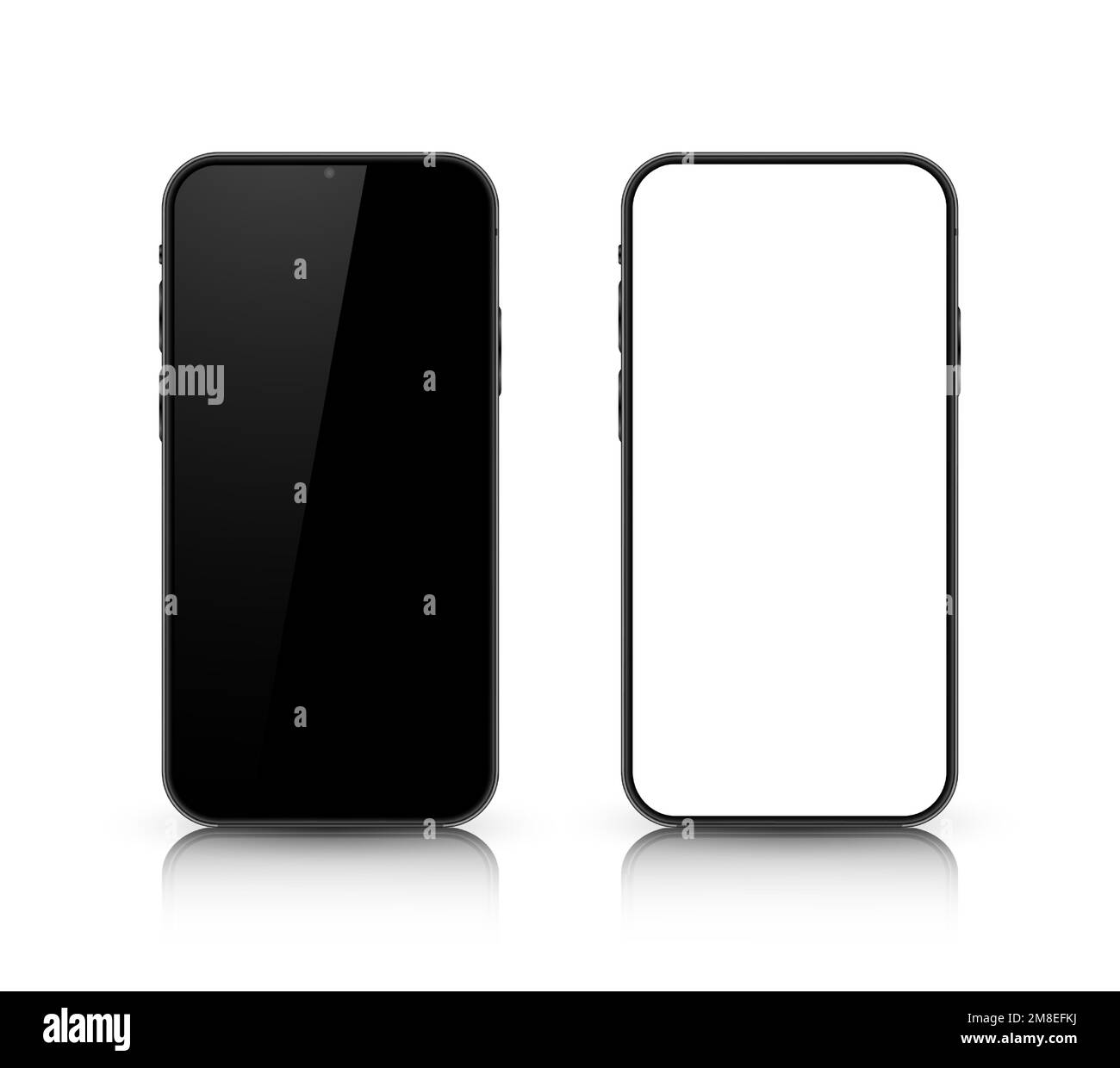 Two mock-ups of smartphones with a black and white screen. Realistic 3D ...