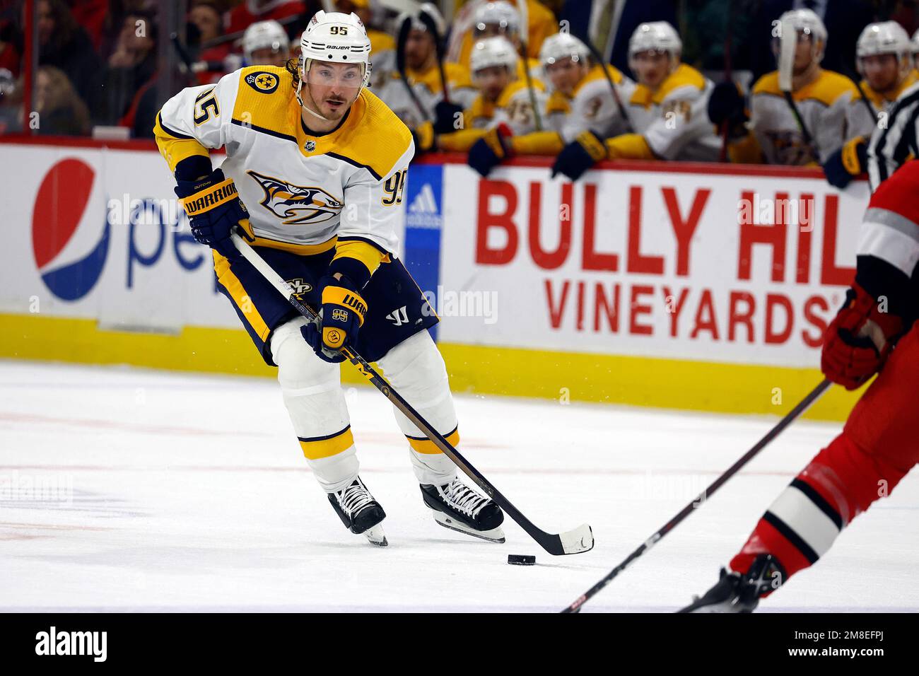 Nashville Predators' Matt Duchene (95) skates with the puck against the ...