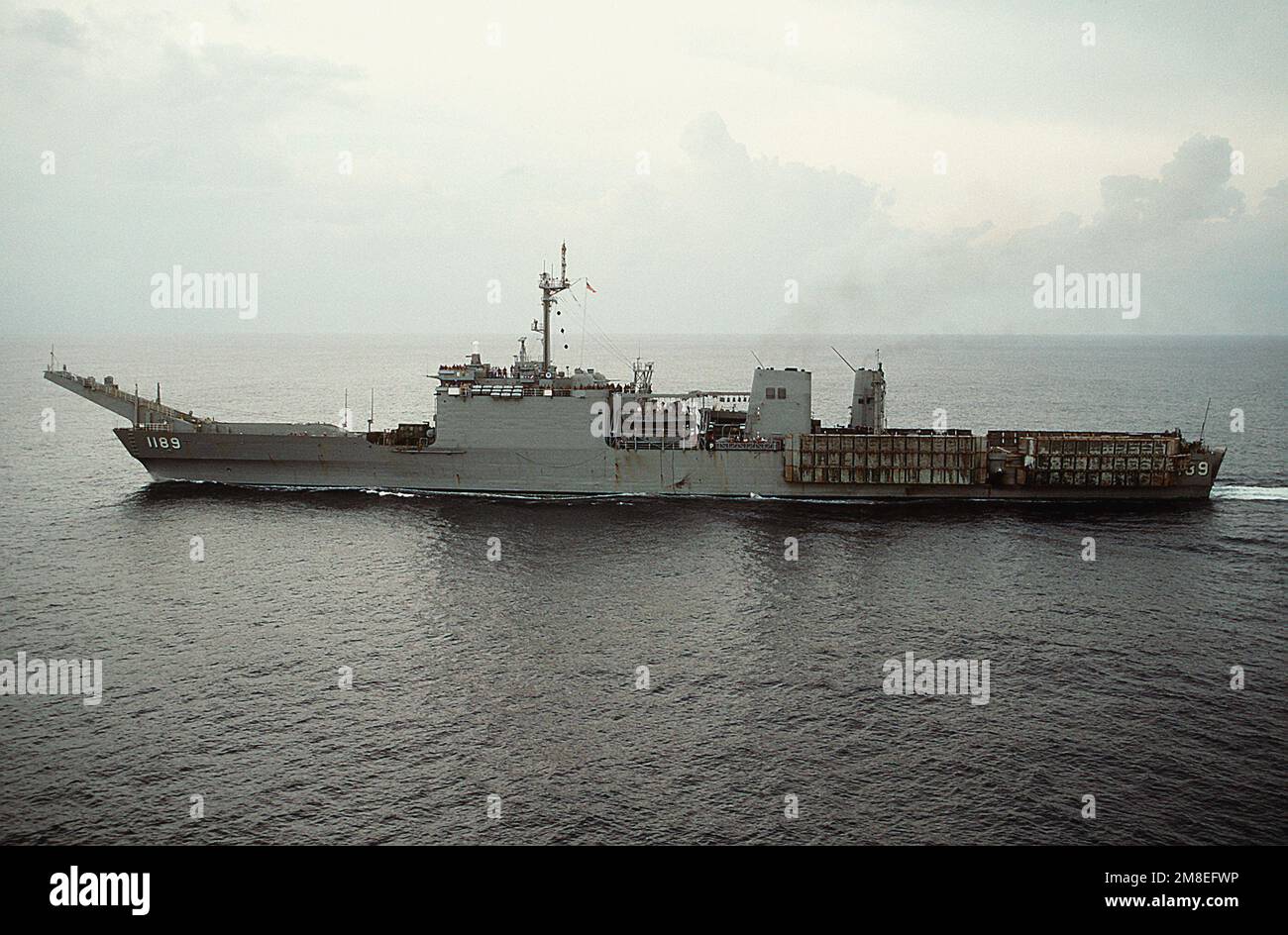 A port beam view of the tank landing ship USS SAN BERNARDINO (LST-1189 ...