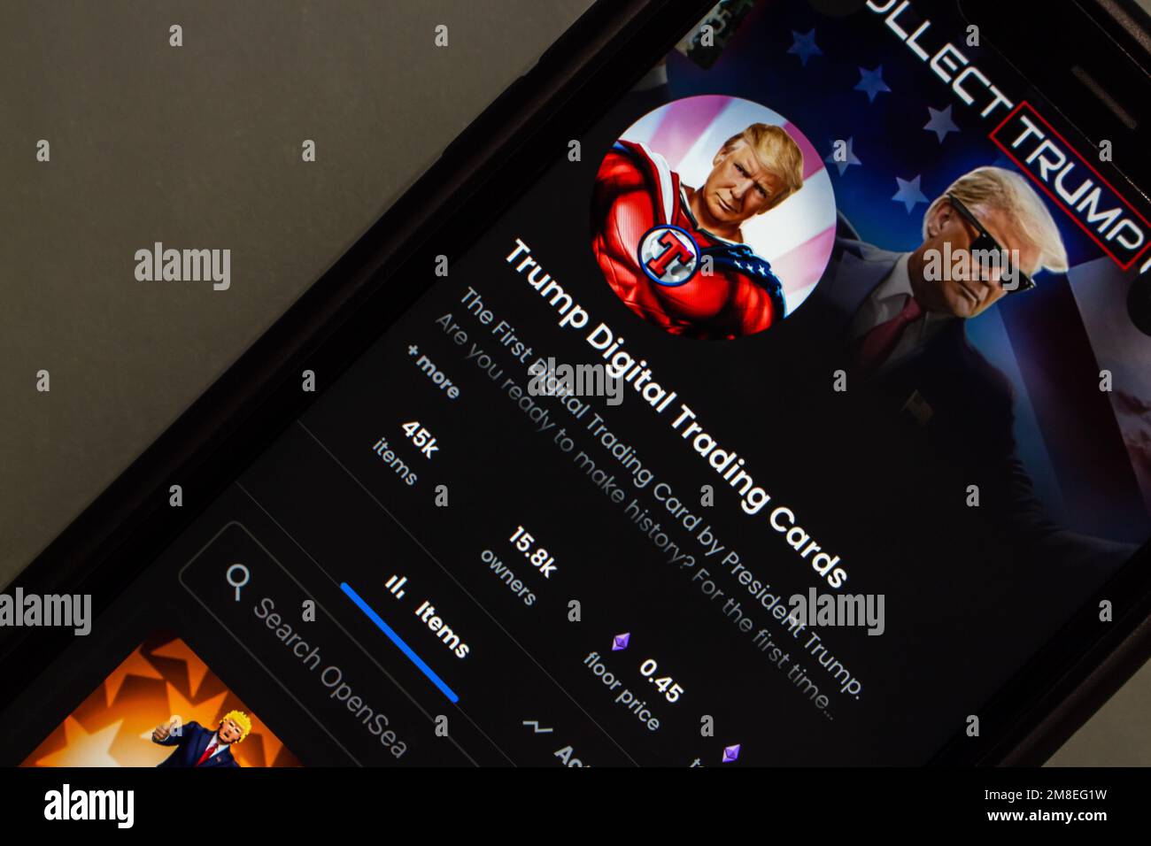 Trump Digital Trading Cards in OpenSea app seen in an iPhone. In Dec ...