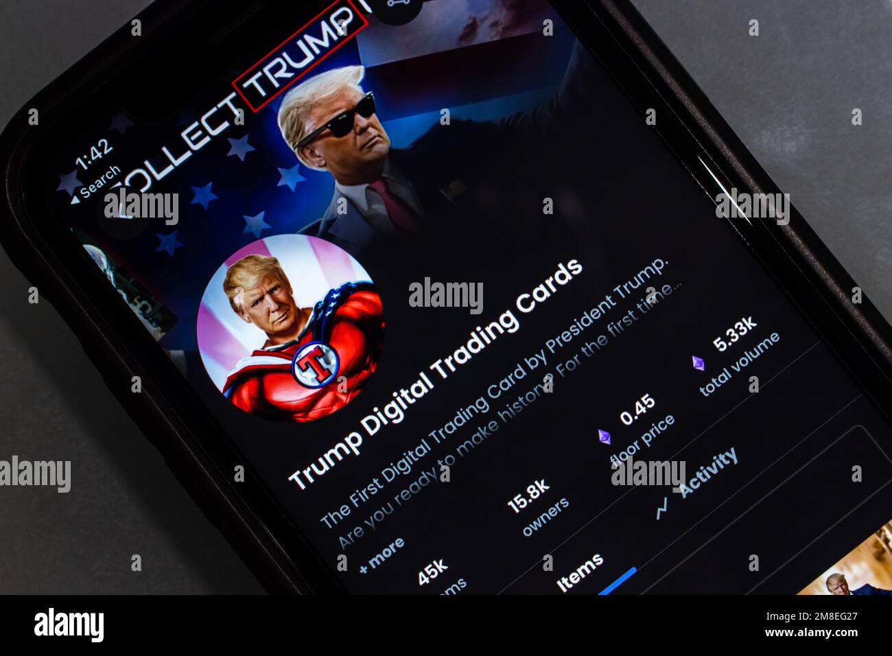 Trump Digital Trading Cards in OpenSea app seen in an iPhone. In Dec ...