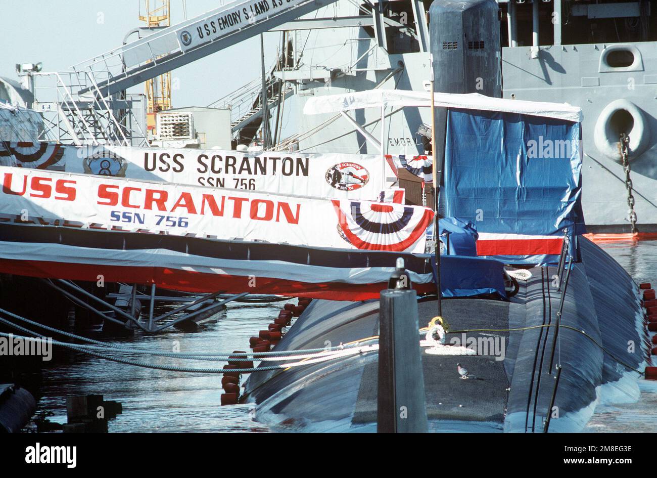 Banners decorate the brow of the nuclear-powered attack submarine USS ...