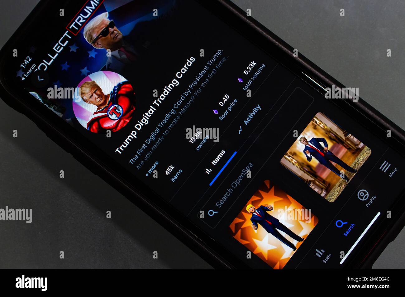 Trump Digital Trading Cards in OpenSea app seen in an iPhone. In Dec ...