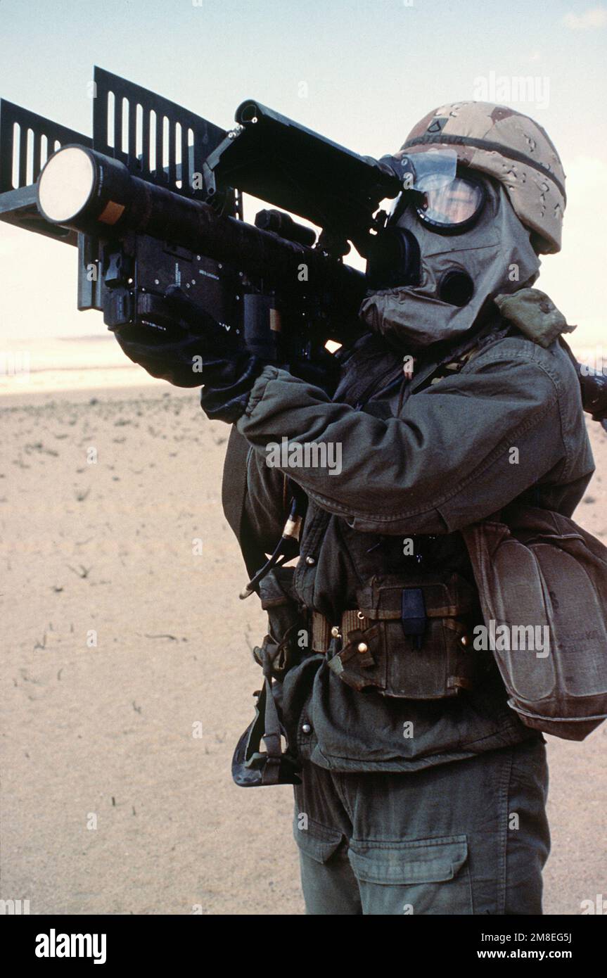 A soldier wearing nuclear-biological-chemical warfare gear raises a ...