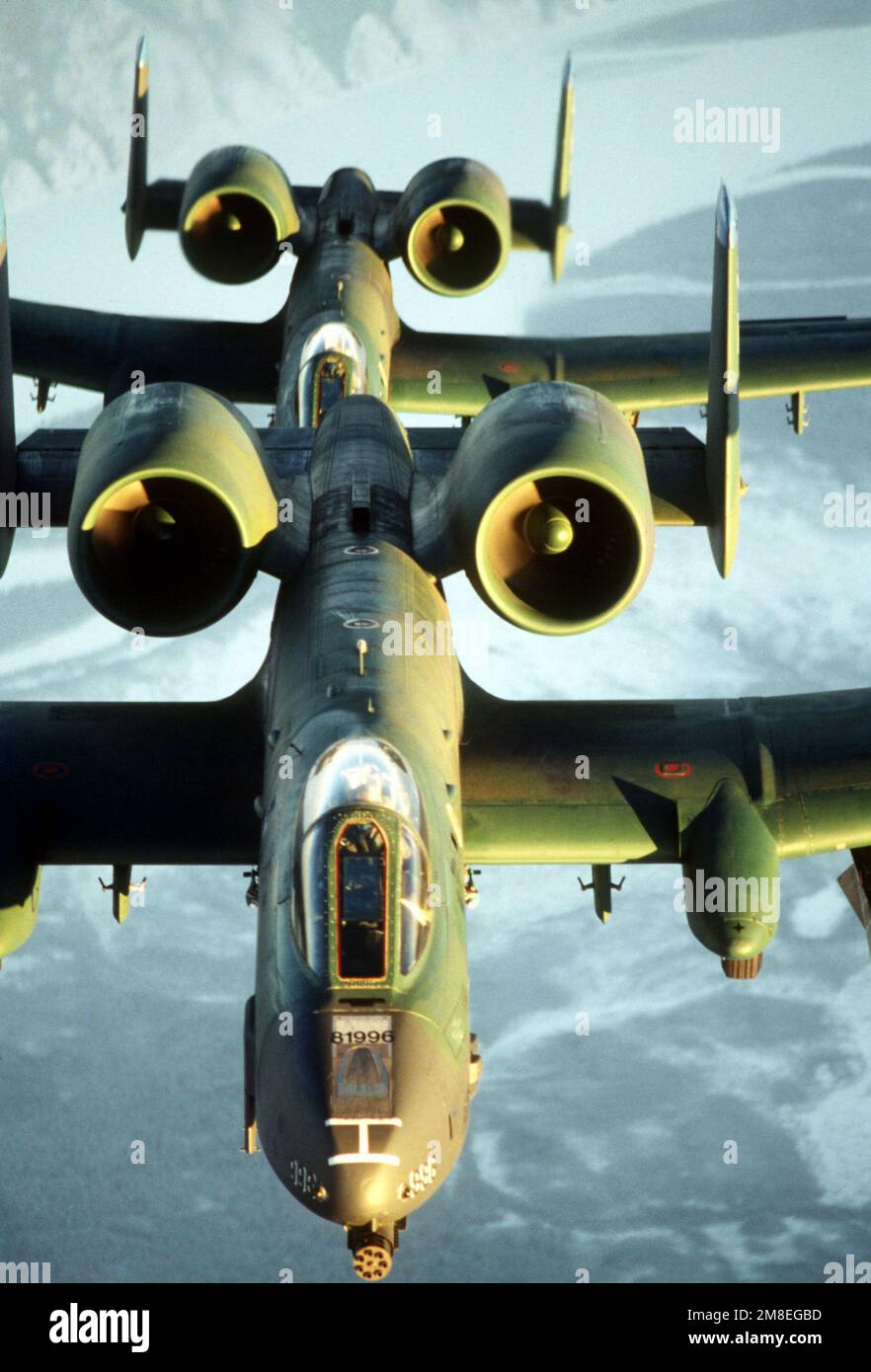 Two A-10A Thunderbolt aircraft from the 343rd Tactical Fighter Wing fly ...