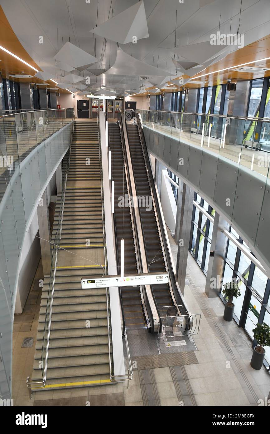 Moscow. The escalator of the Okruzhnaya station MTsD-1 on which on ...