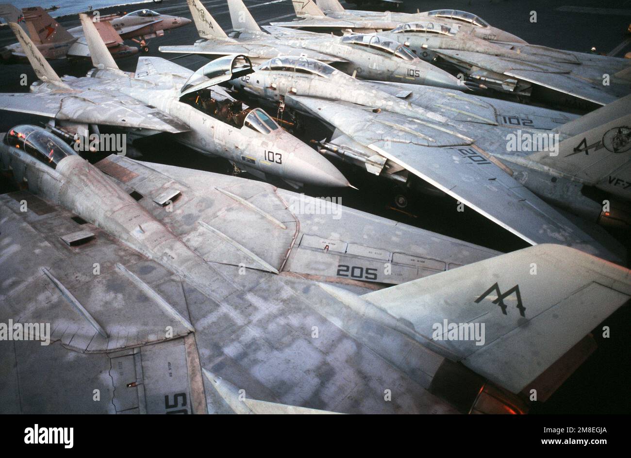 A view of Fighter Squadron 74 and 103 (VF-74 and VF-103) F-14A Plus Tomcat aircraft parked on ...